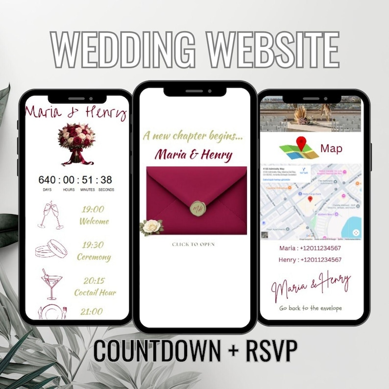 Olive Green Burgundy Wedding Website Template Canva | RSVP + Countdown ...