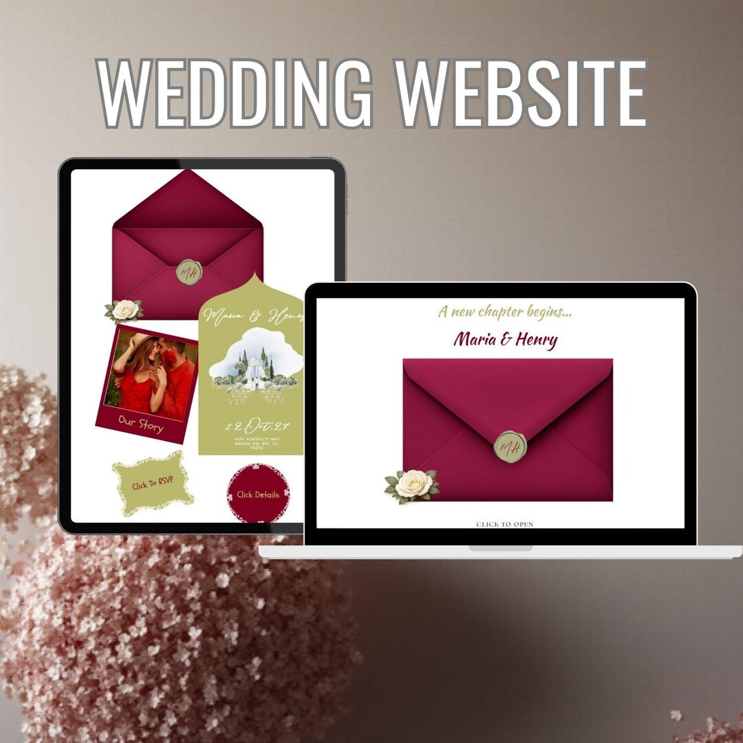 Olive Green Burgundy Wedding Website Template Canva | RSVP + Countdown ...