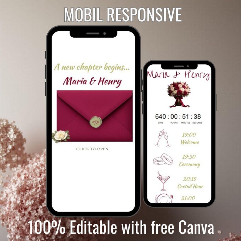 Olive Green Burgundy Wedding Website Template Canva | RSVP + Countdown ...