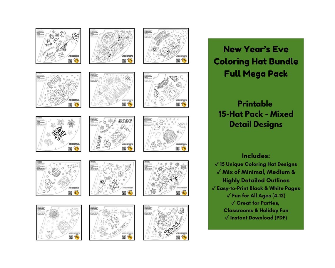 New Year’s Hat Mega Bundle – 15 Printable DIY Coloring Hats for Kids ...