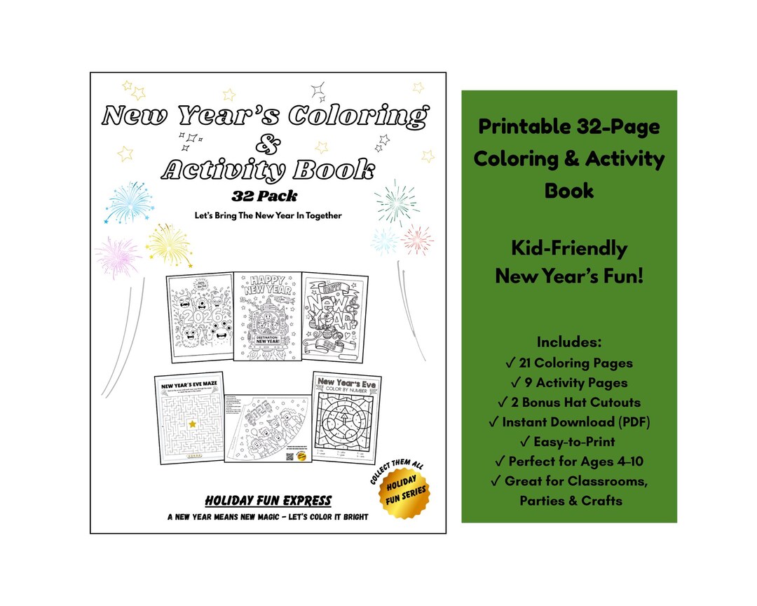 Printable New Year’s Coloring & Activity Book – 32 Pages – Kids DIY ...