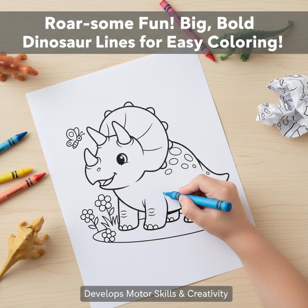 Cute Dino Coloring Pages Kids, Big Bold Lines, Simple Printable ...