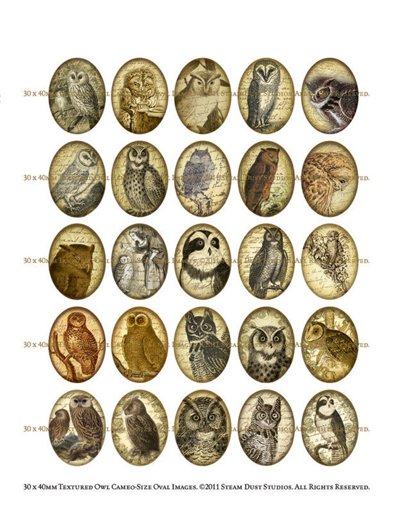 Victorian Owls - 30 X 40mm Cameo-size Oval Textured Images - Digital ...
