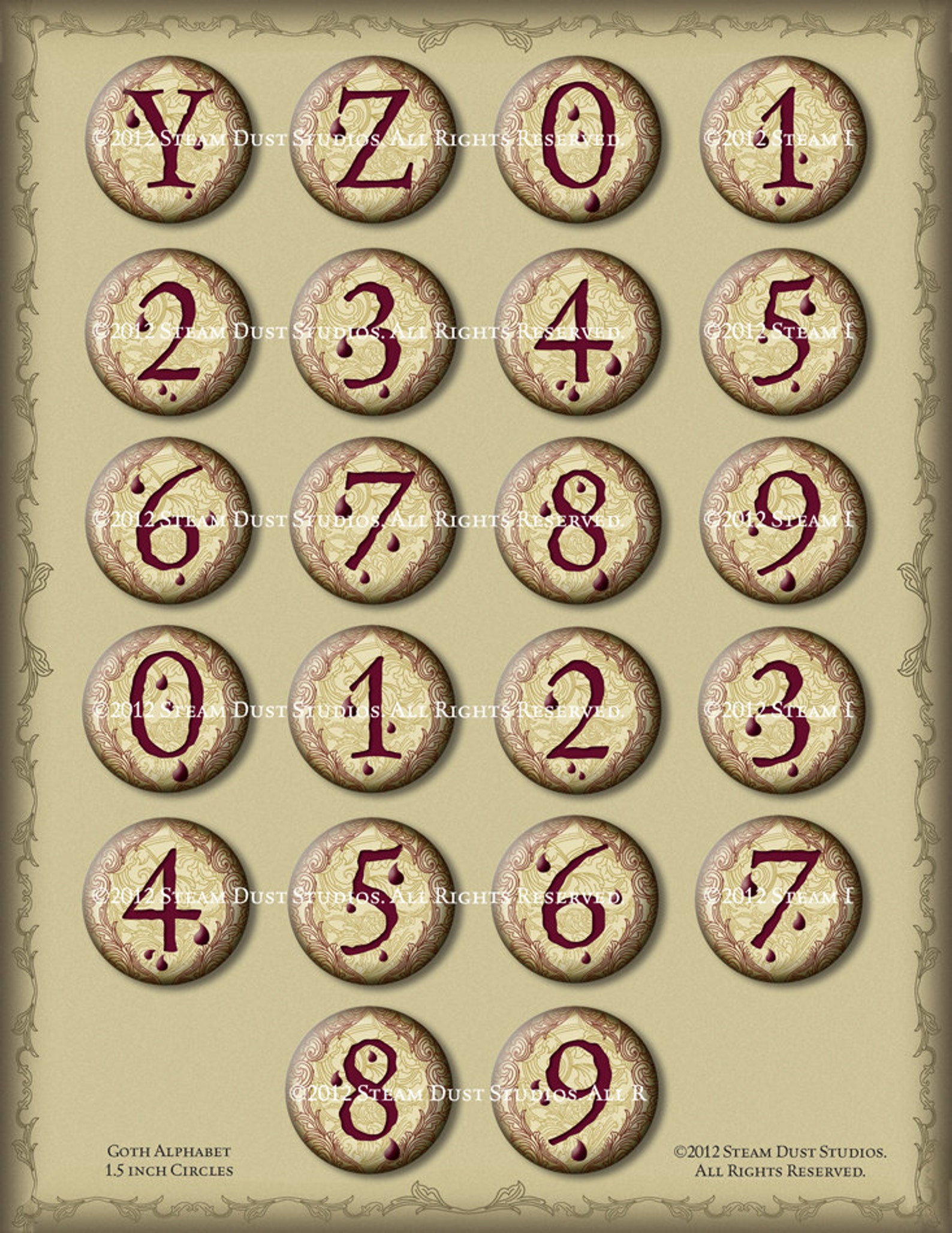 Victorian Goth Textured Alphabet and Numbers - 1.5 Inch Circles - Blood ...