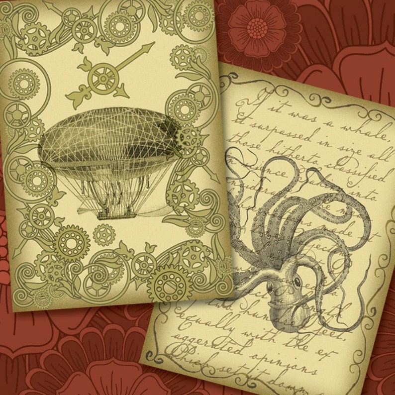 Victorian Steampunk Labels Tags Cards Set of 9 Kraken | Etsy
