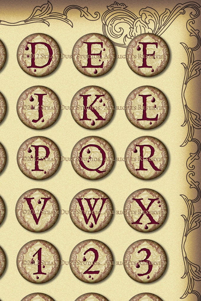 Victorian Goth Textured Alphabet & Numbers - 1 Inch Circles - Vampire ...