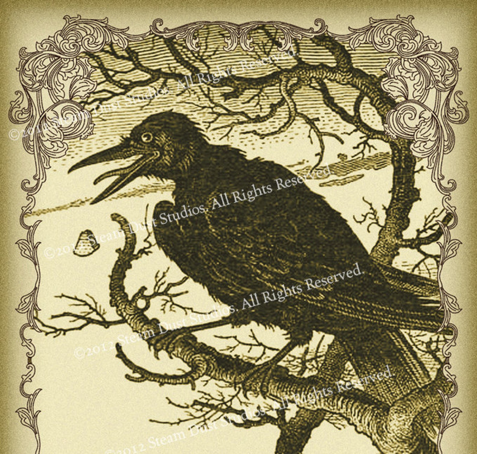 Victorian Goth Antique Raven and Scrollwork - 4x6 Inch Single Digital ...
