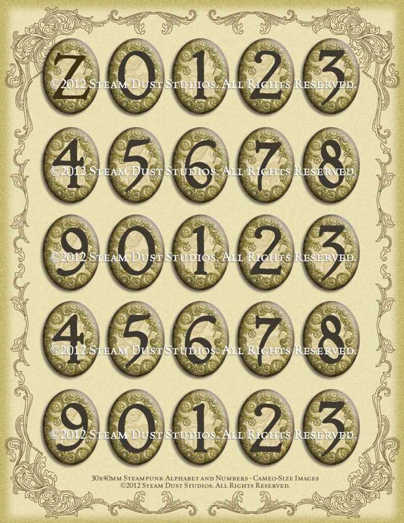 Textured Steampunk Alphabet, Numbers With Art Nouveau Gears - 30x40mm Cameo Ovals - 2 Digital ...