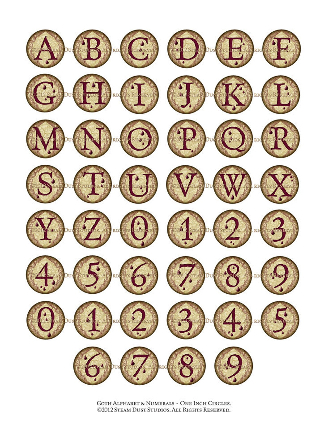 Victorian Goth Textured Alphabet & Numbers 1 Inch Circles | Etsy