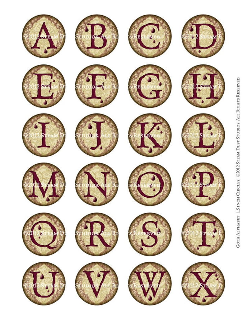 Victorian Goth Textured Alphabet and Numbers - 1.5 Inch Circles - Blood ...