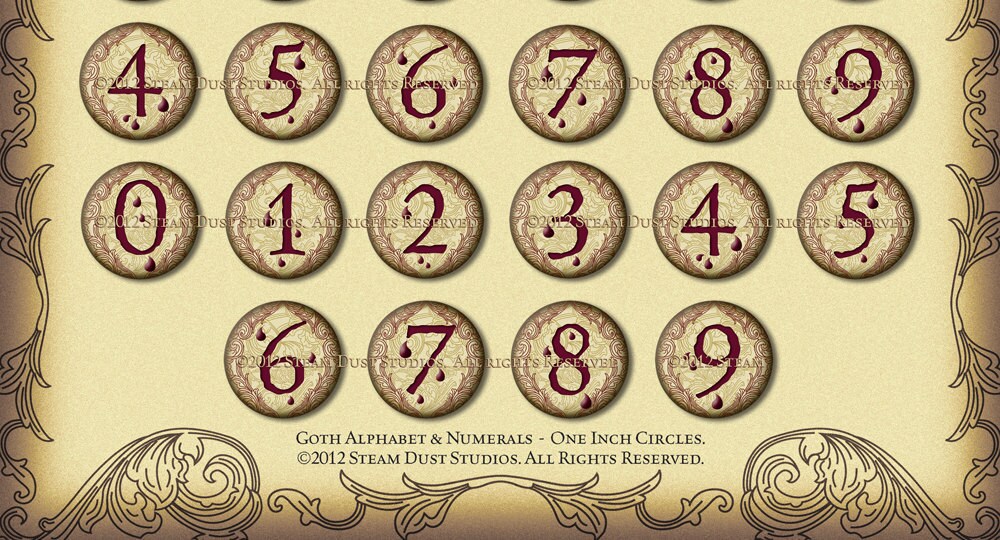Victorian Goth Textured Alphabet & Numbers - 1 Inch Circles - Vampire ...