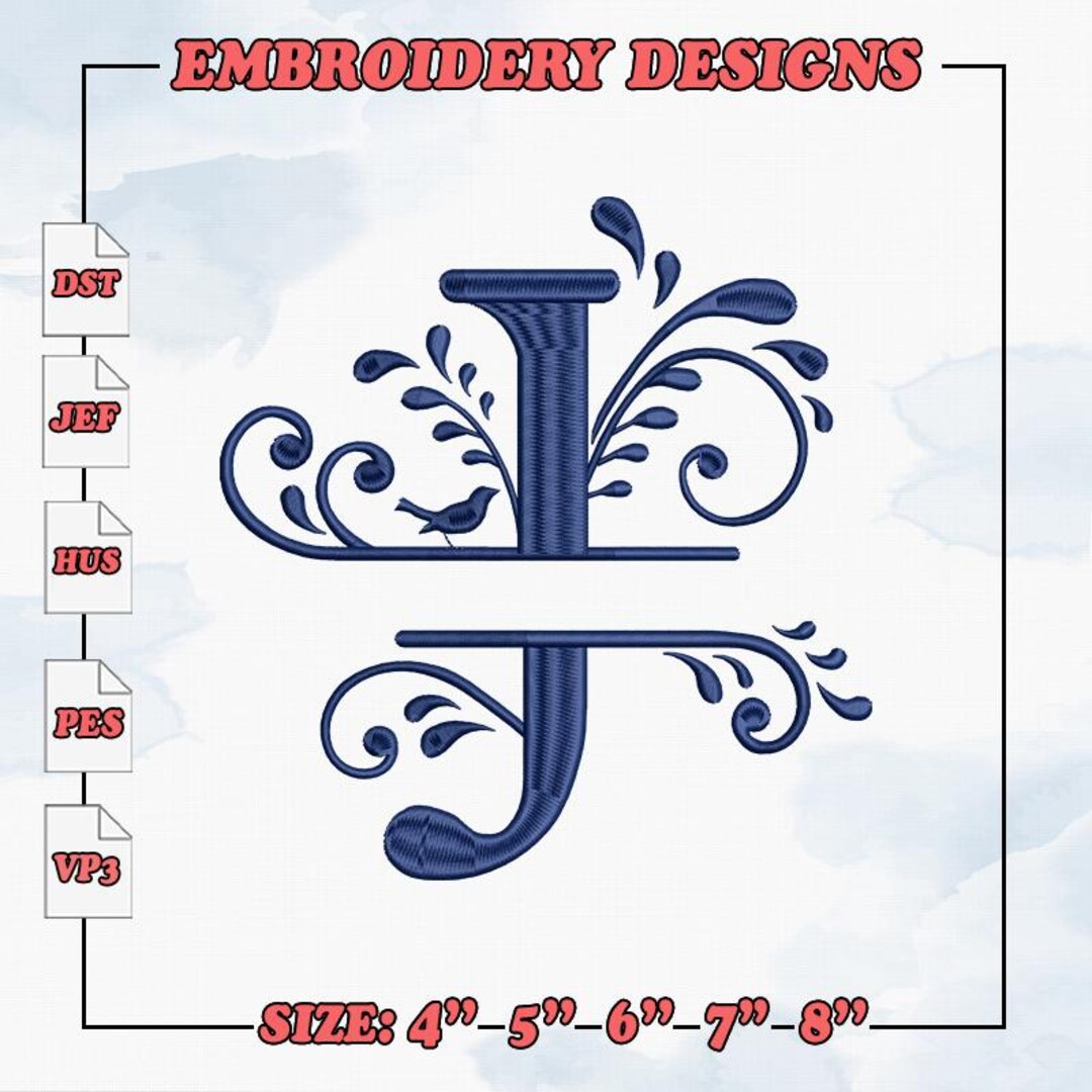 Letter J Embroidery Design , Split Monogram Embroidery File, 5 Size ...