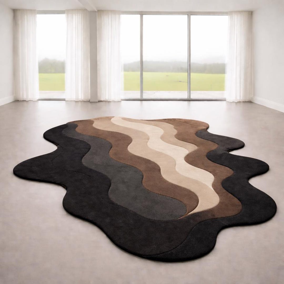Modern Abstract Wave Shape Area Rug – Brown, Beige & Black Designer ...
