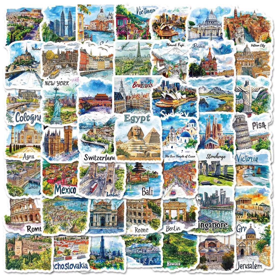 50 World Landmarks Stickers Pack, Travel City Landscape Decals for ...