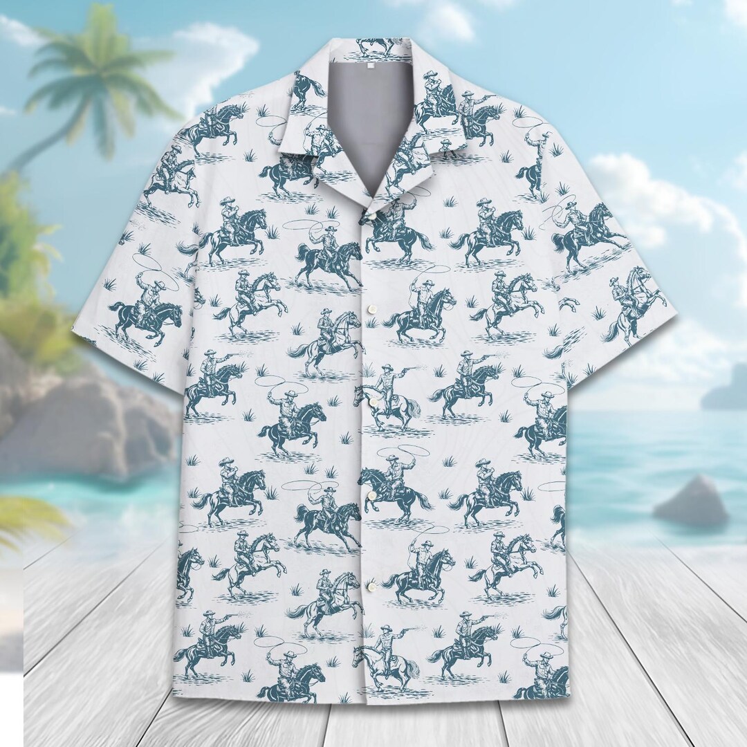 Vintage Cowboy Rodeo Hawaiian Shirt, Western Lasso Horse Print, Retro ...