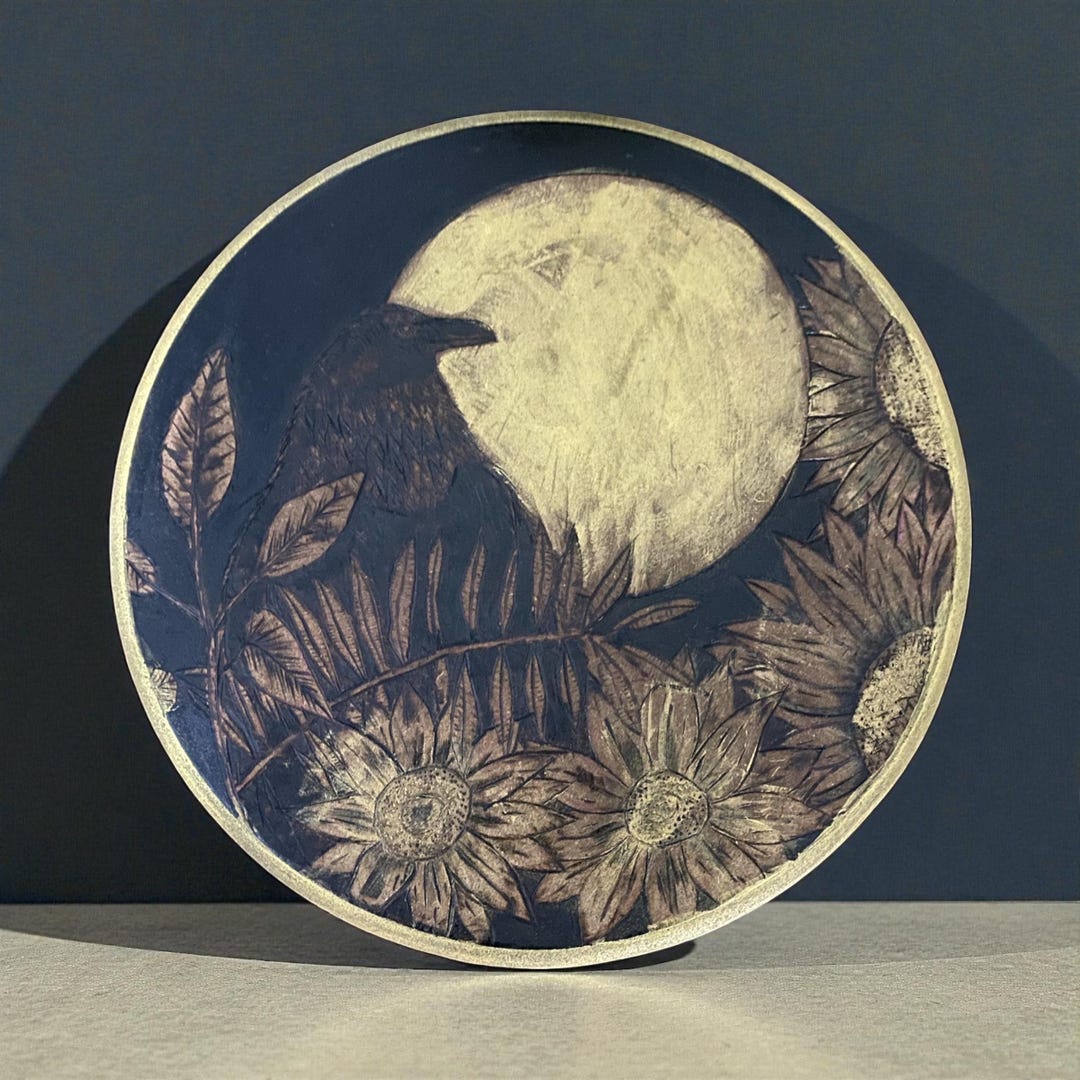 Burnt Coven | Hand-burned Raven & Moon Wood Art | Gothic Sunflower ...