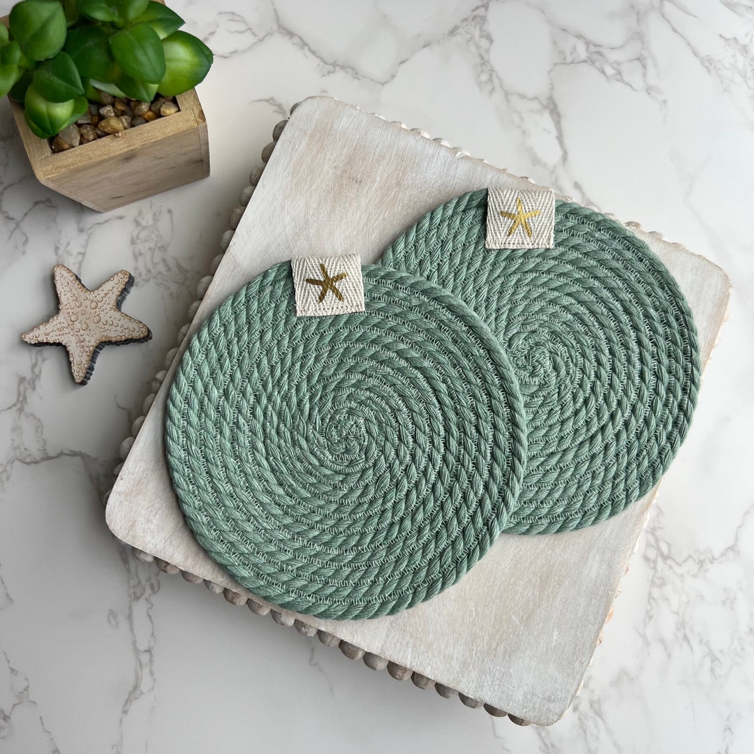 Handmade Seafoam Green Cotton Rope Coasters With Starfish Tags, Extra ...