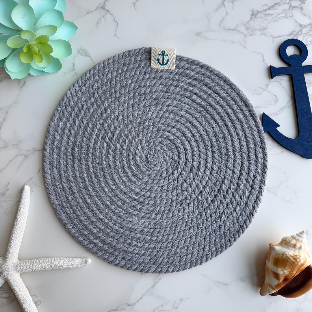 Gray Rope Trivet With Blue Anchor Tag, 9 Inch Rope Mat, Nautical End ...