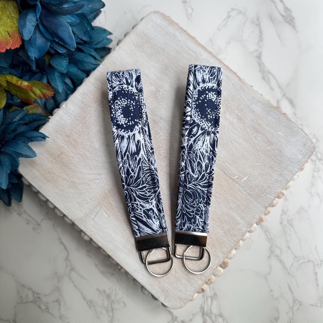 Sunflower Floral Fabric Keychain, Key Fob Wristlet, Navy Blue and White ...