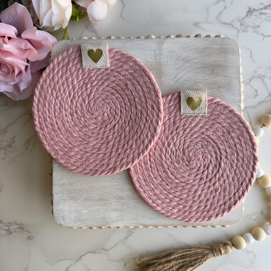 Light Pink Rope Coasters With Gold Heart Tag, Candle Mat, Extra Large ...