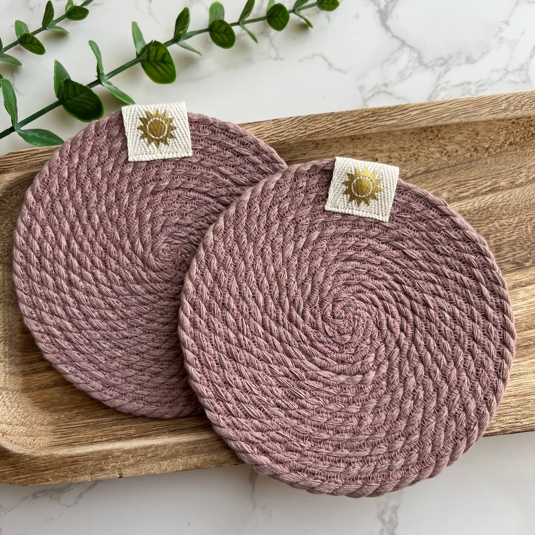 Set of 2 Mauve Cotton Rope Coasters With Gold Sun Tags, Extra Large ...