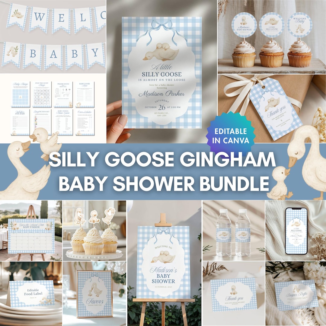 Silly Goose Gingham Baby Shower Bundle | Editable Canva Invitation ...