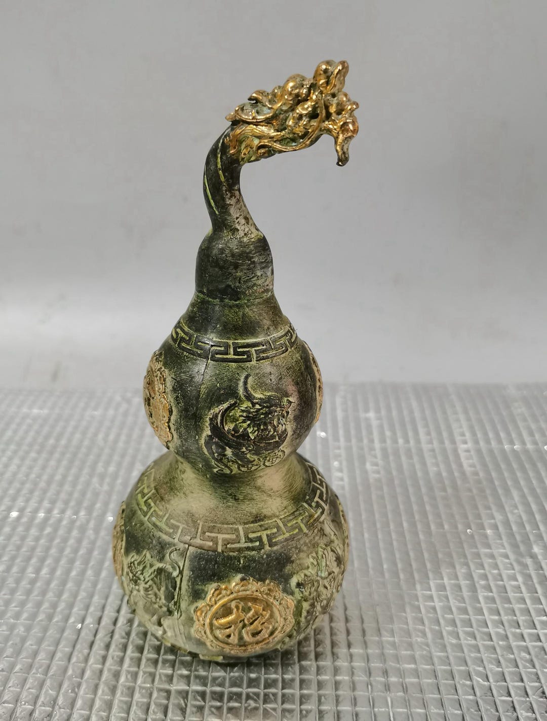 Vintage Brass Carved Taoist Dragon Gourd Feng Shui Ritual Object Image ...