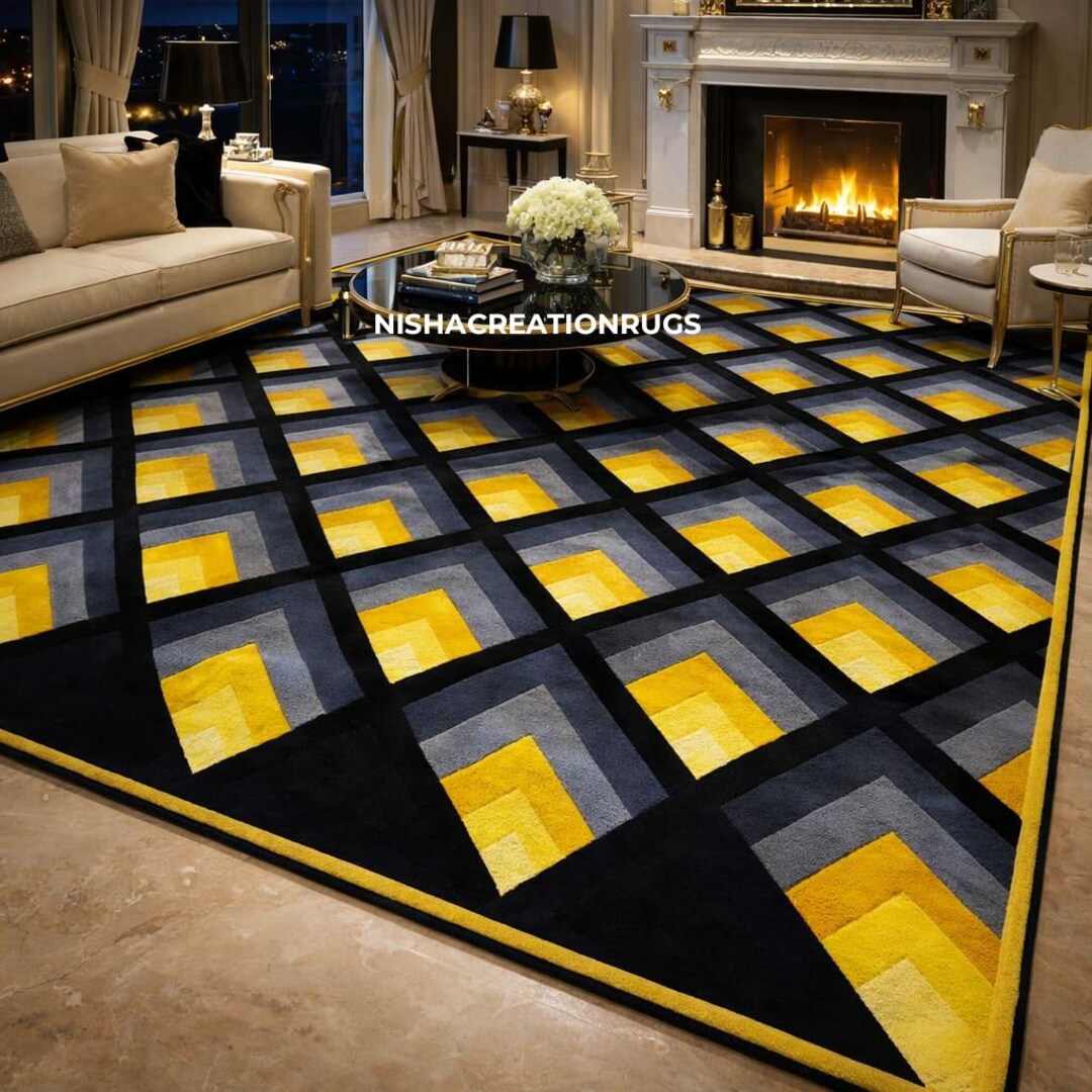 Luxury Black & Yellow Designer Carpet Elegant Base Yellow Pattern Rug ...