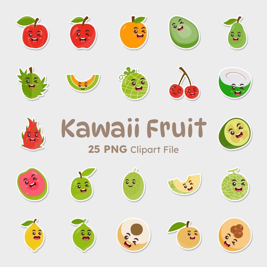 Kawaii Fruit Clipart, Cartoon Illustrations PNG Bundle - Etsy