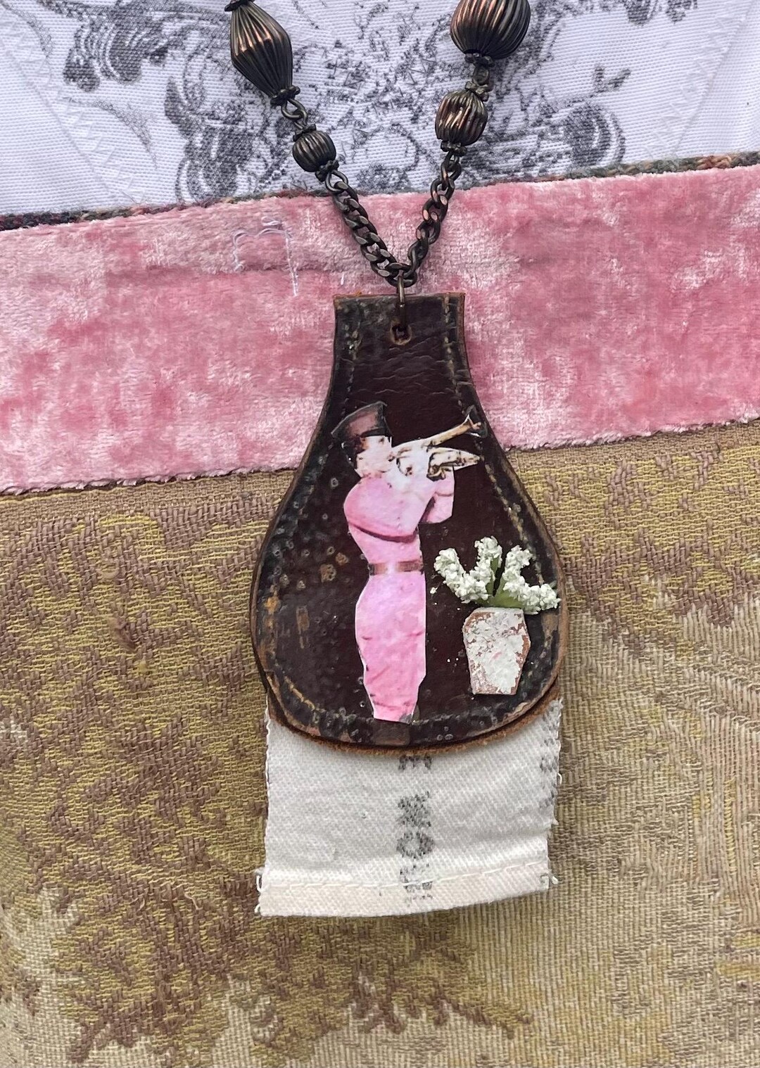 Assemblage, Foundobject Pendant. Old Tin Beads, Leather and Grain Cloth ...