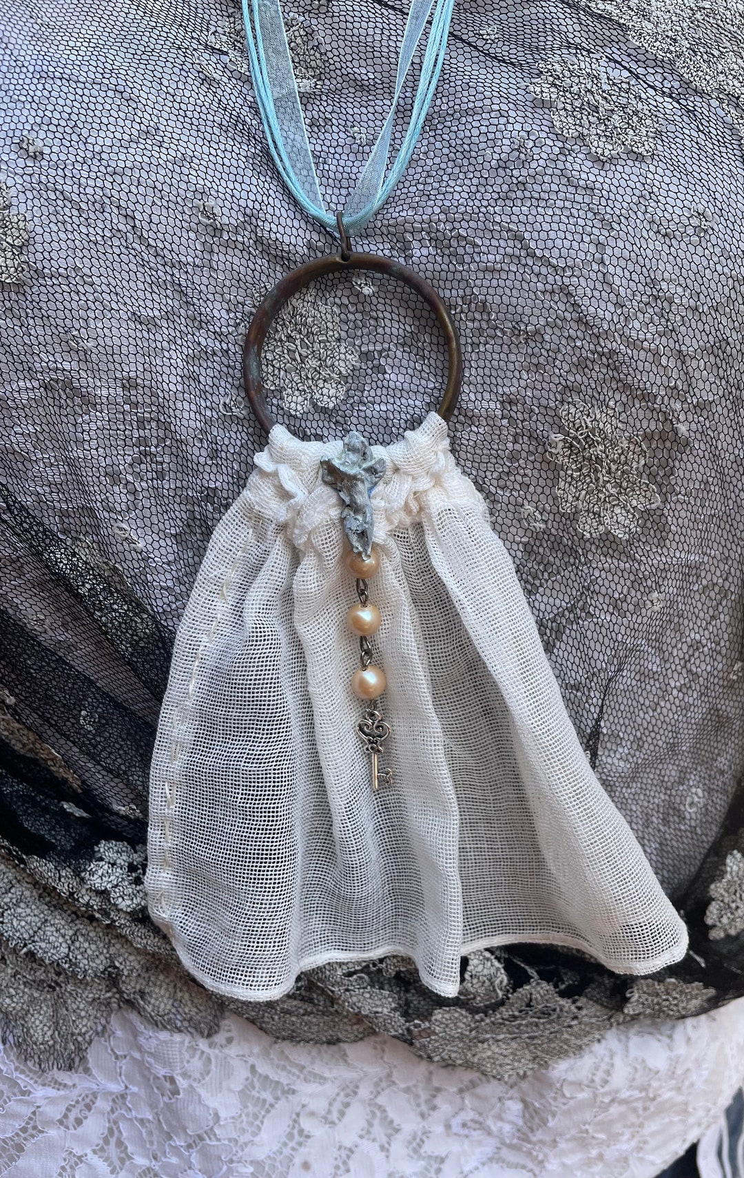 Hanky Assemblage Found Object Long Pendant. All Repurposed Elements ...