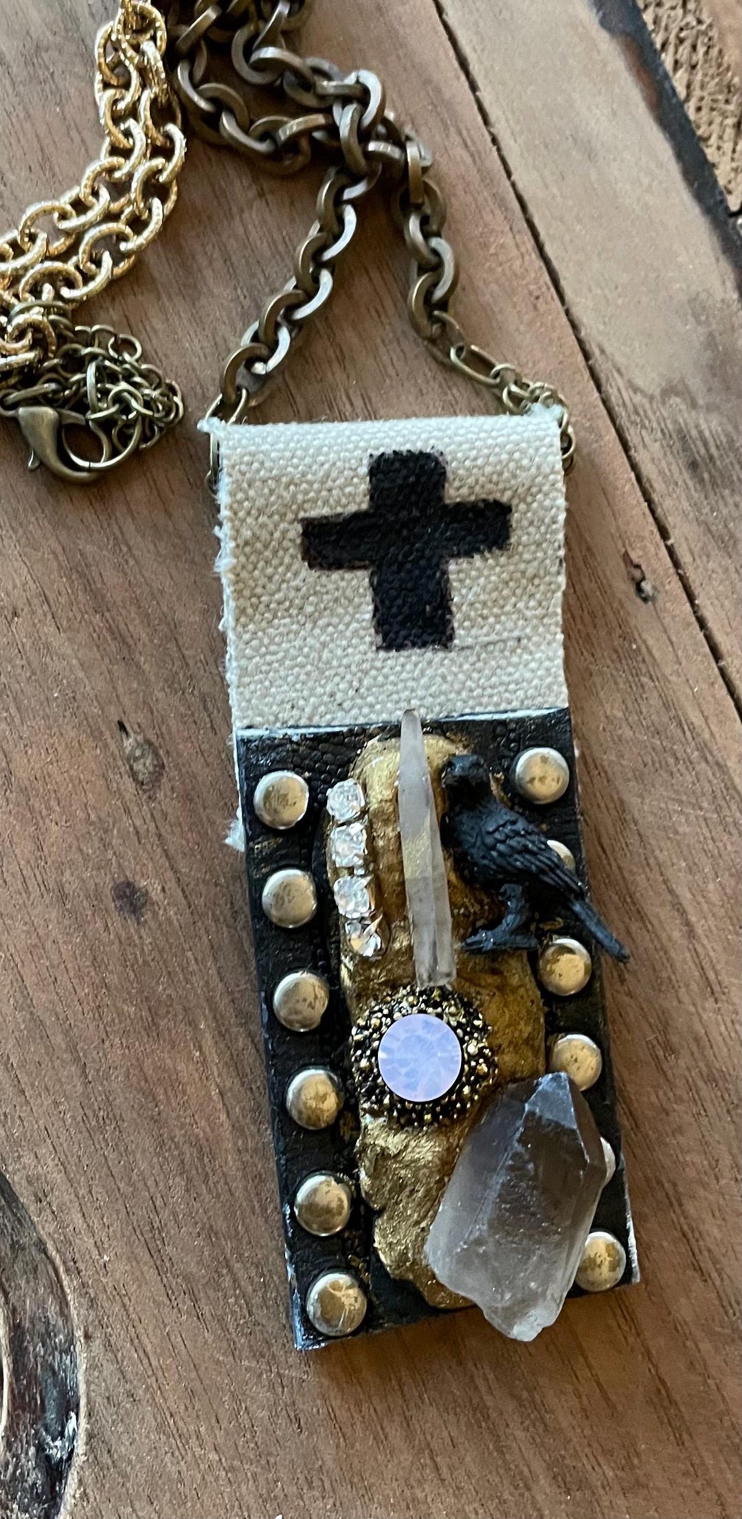 Assemblage, Rustic Leather Pendant. Rocker, Edgy Piece. Festival Style ...