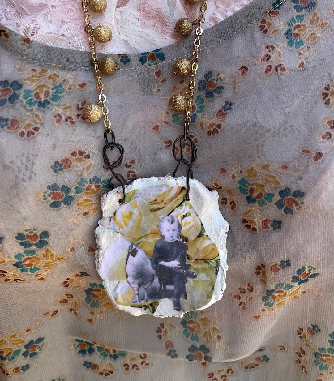 Reversible, 2 in 1, Clay Pendant . Assemblage Foundobject Jewelry ...