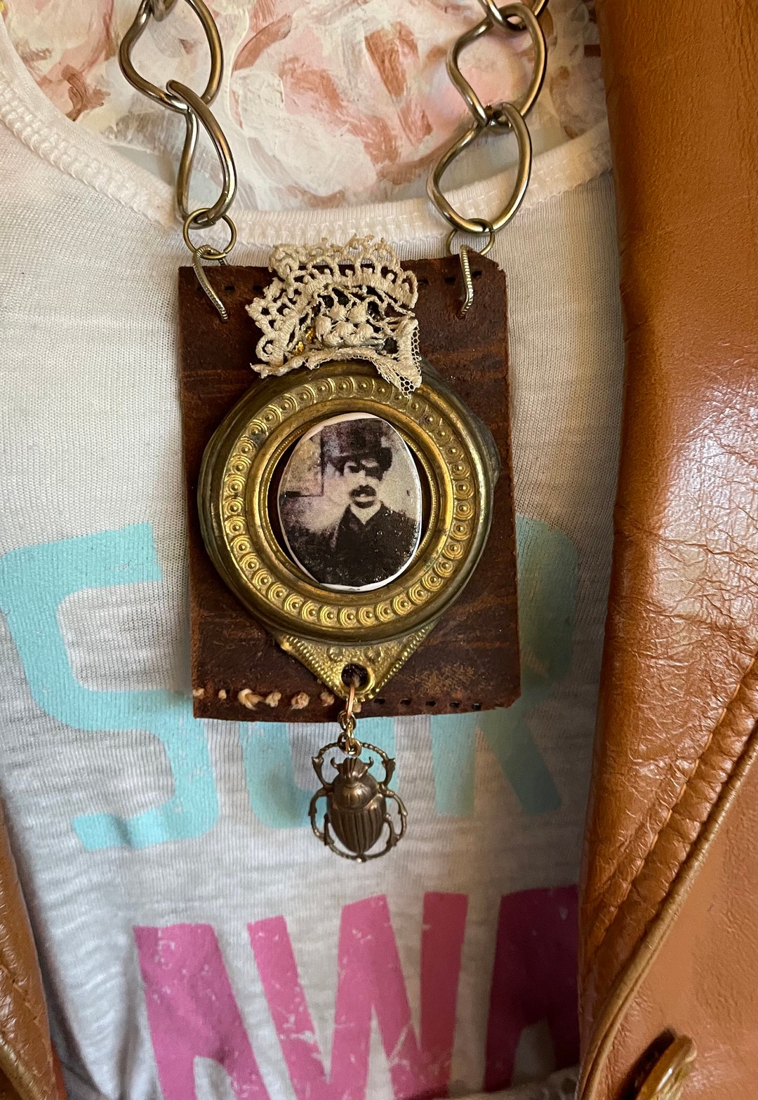 Leather, Assemblage, Repurposed Art Necklace. Stunning. - Etsy