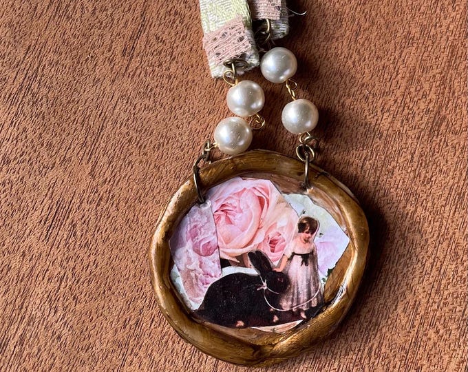 Fabric Pendant With Decoupage, Faux Sautered Pendant. Vintage, Upcycled ...