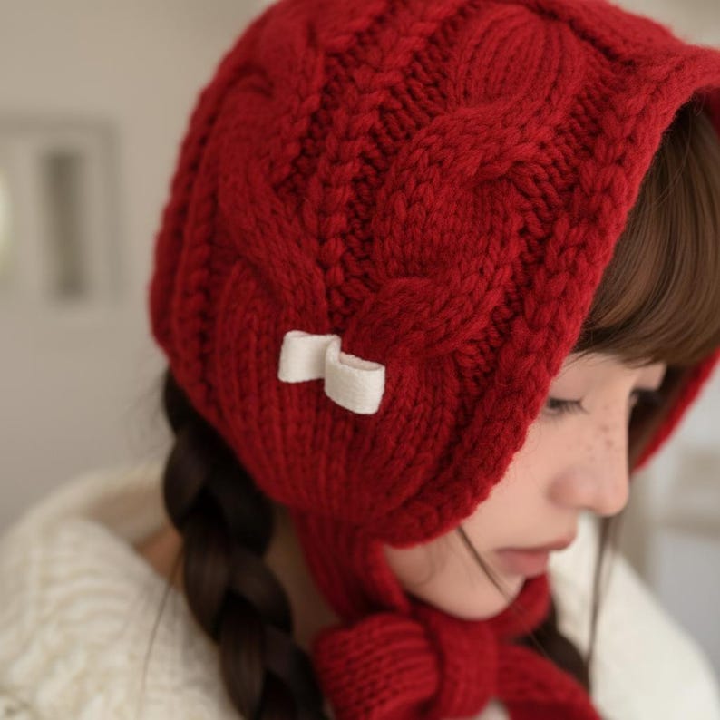 Handmade Red Knit Bonnet Hat With Chin Tie, Soft Chunky Cable Winter ...