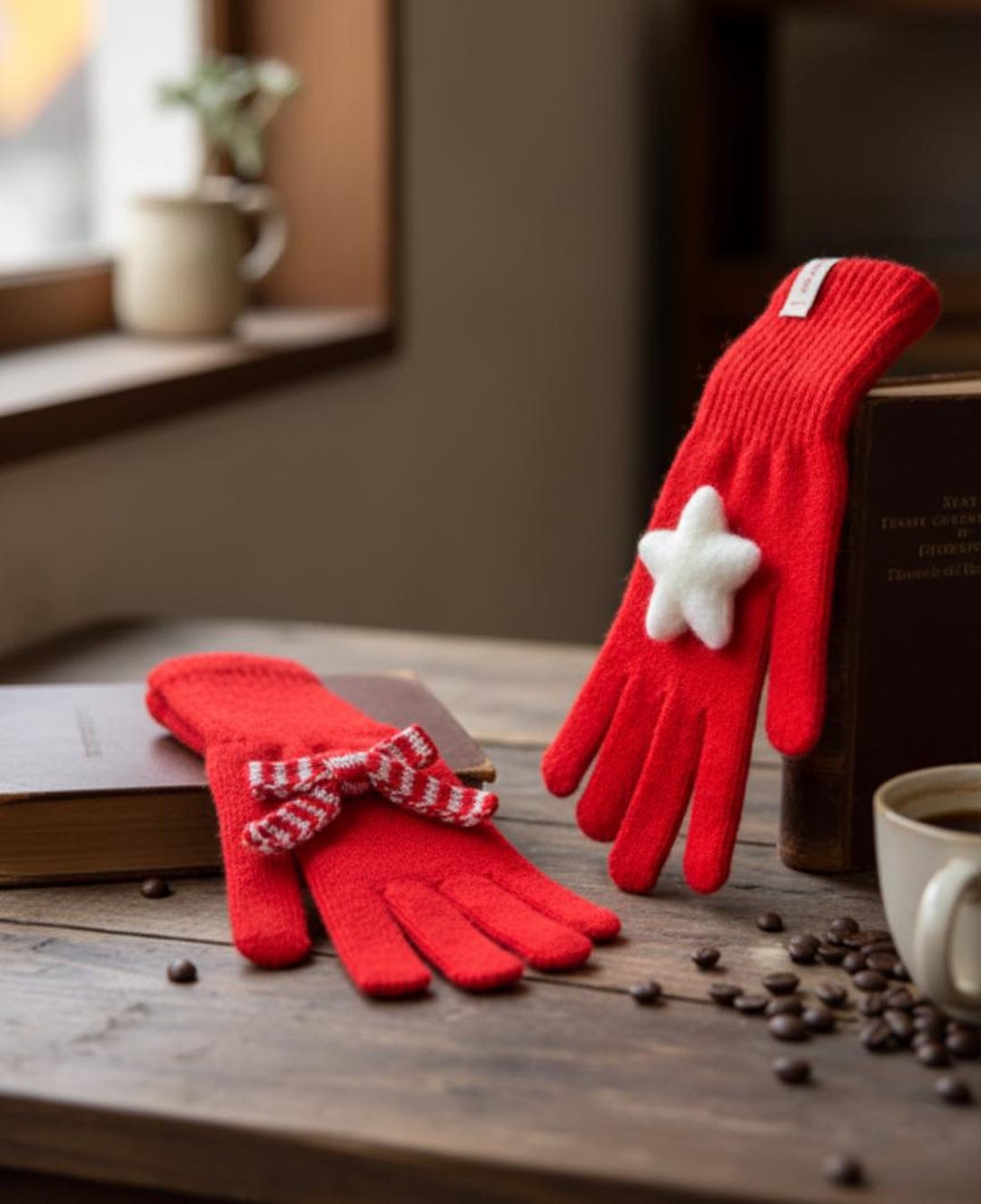 Red Touch Screen Knit Gloves for Women With Holiday Bow and Star, Warm ...