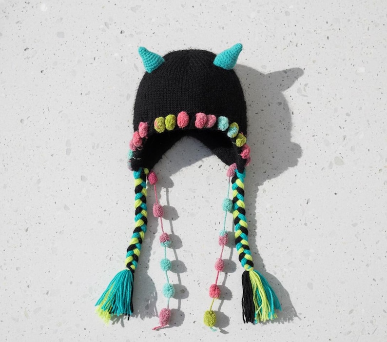 Handmade Knit Devil Horn Hat With Colorful Braids and Pompoms, Quirky ...