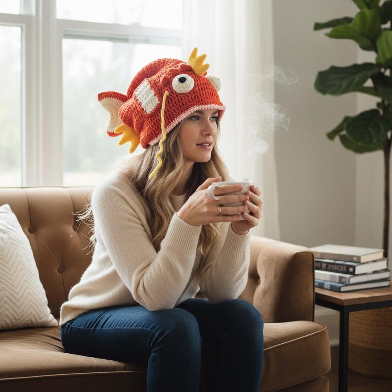 Funny Crochet Fish Hat With Crown and Big Eyes, Handmade Orange Knit ...