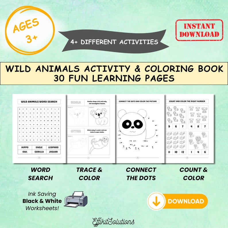 Cahier d'activités sur les animaux sauvages | Dessin, coloriage, quiz ...