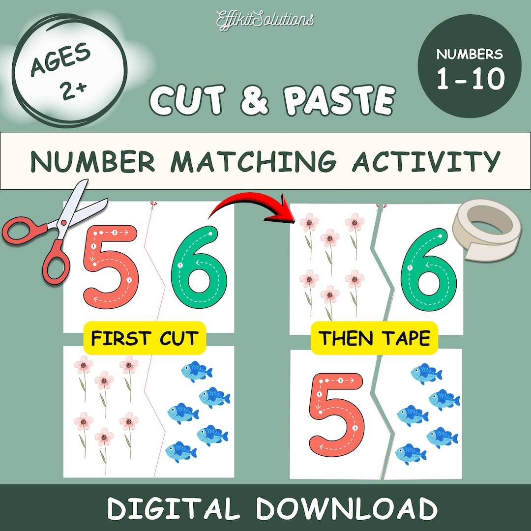 Number Matching Cut and Paste Worksheet | Preschool Counting Activity ...