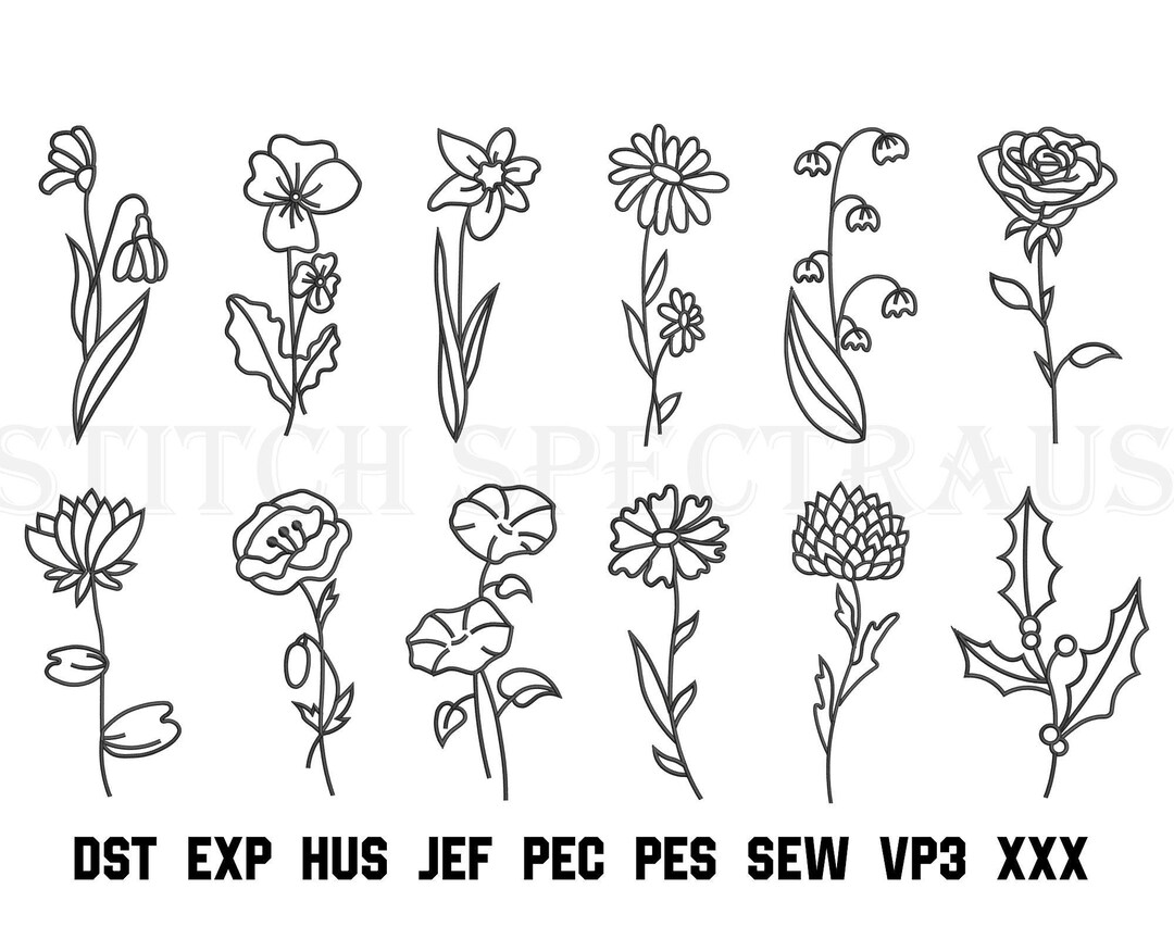 Wildflower Birth Flowers Embroidery Bundle, 12 Month Machine Embroidery ...