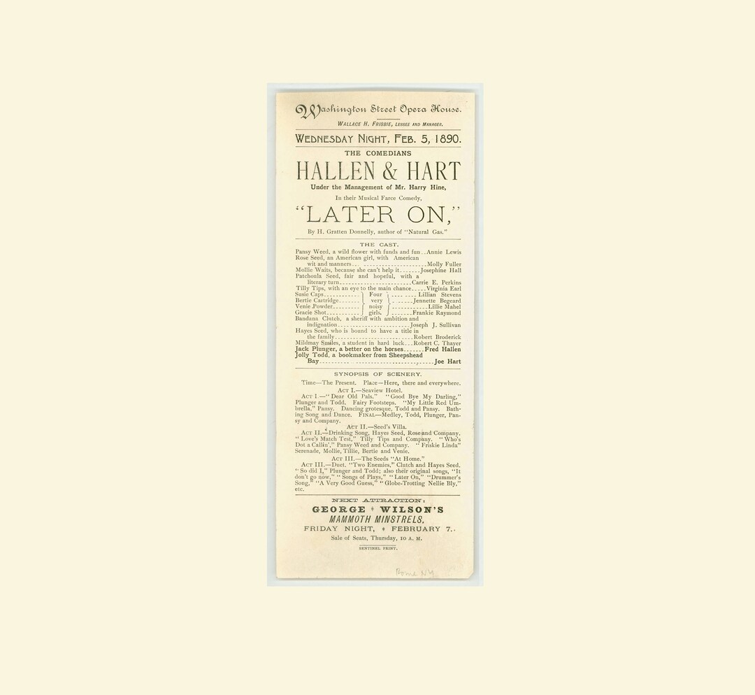 1890 "later On" Theatre Playbill: Comedians Hallen & Hart. Washington ...
