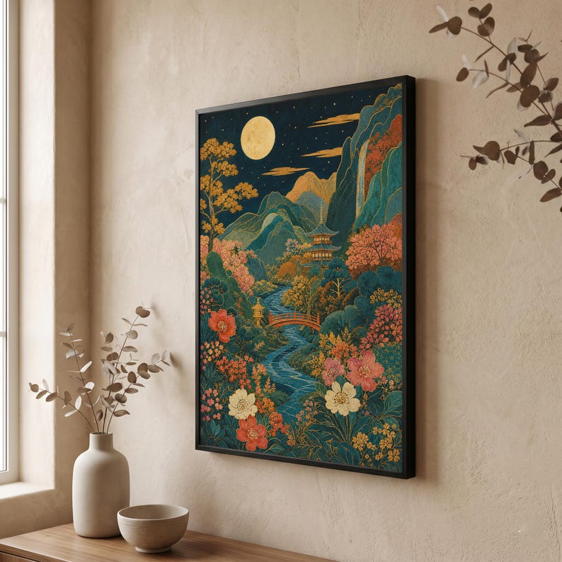 Japanese Landscape Art, Moonlit Zen Garden Print, Teal Gold Decor ...