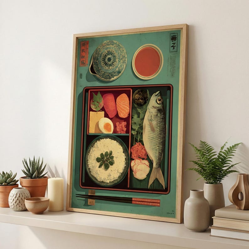 Retro Japanese Bento Box Poster, Vintage Sushi Print, Asian Kitchen ...