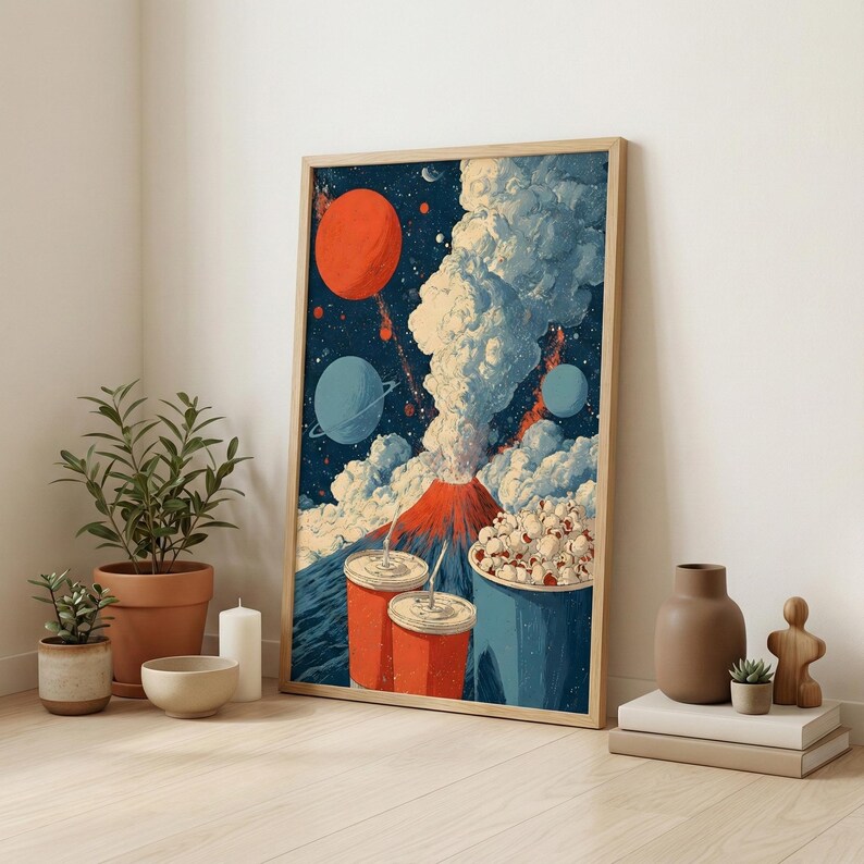 Retro Sci-fi Volcano Poster, Planets, Popcorn, Movie Night Art (digital ...