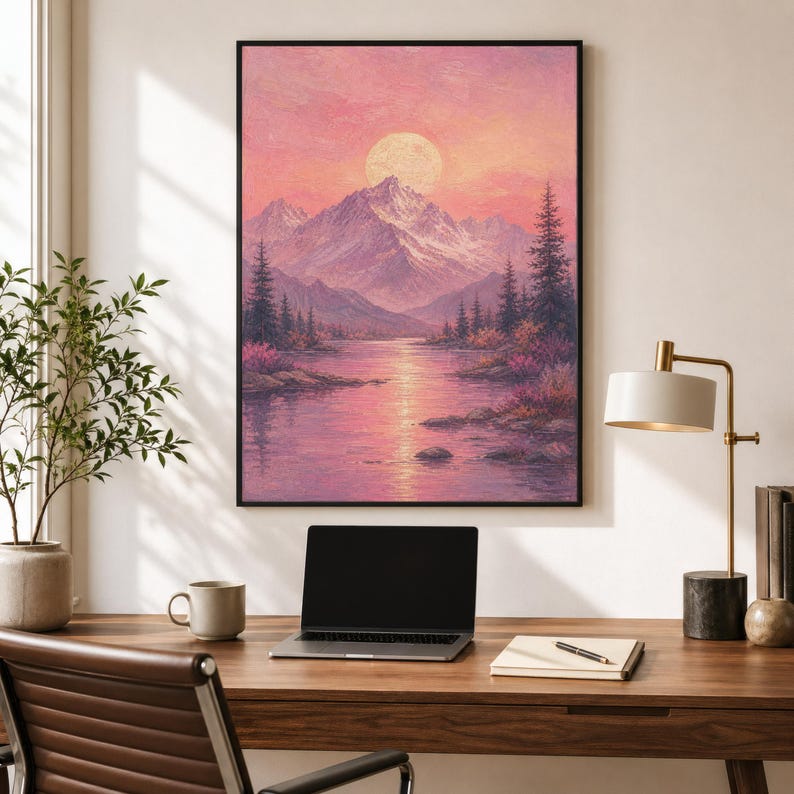 Impressionist Mountain Sunset Print, Pink Lake Landscape Wall Art ...