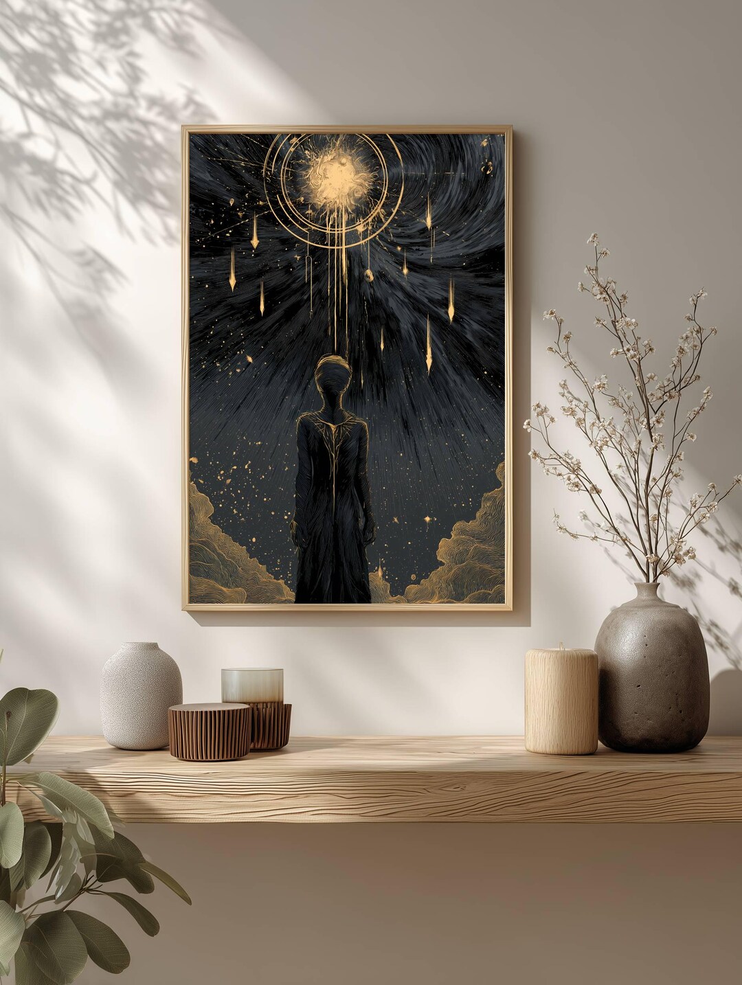 Cosmic Silhouette Wall Art | Celestial Abstract Print | Dark Gold ...