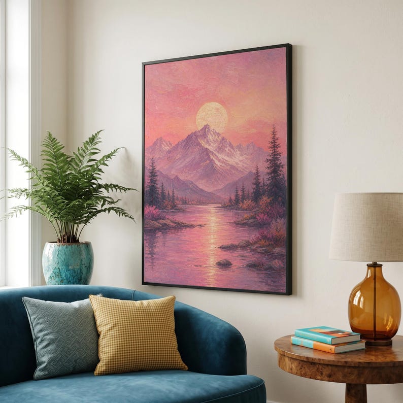 Impressionist Mountain Sunset Print, Pink Lake Landscape Wall Art ...