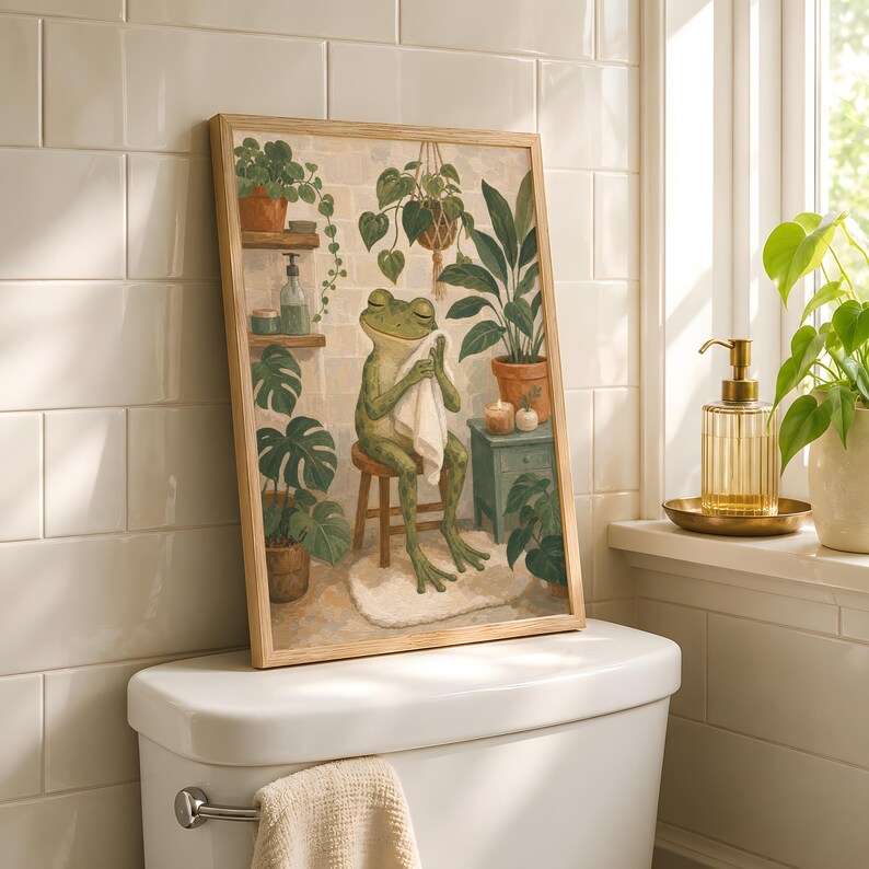 Whimsical Frog Bathroom Art, Green Plant, Cottagecore Animal Print ...